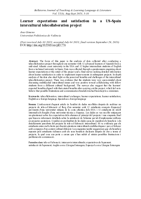 (PDF) Learner Expectations and Satisfaction in US-Spain Telecollaboration