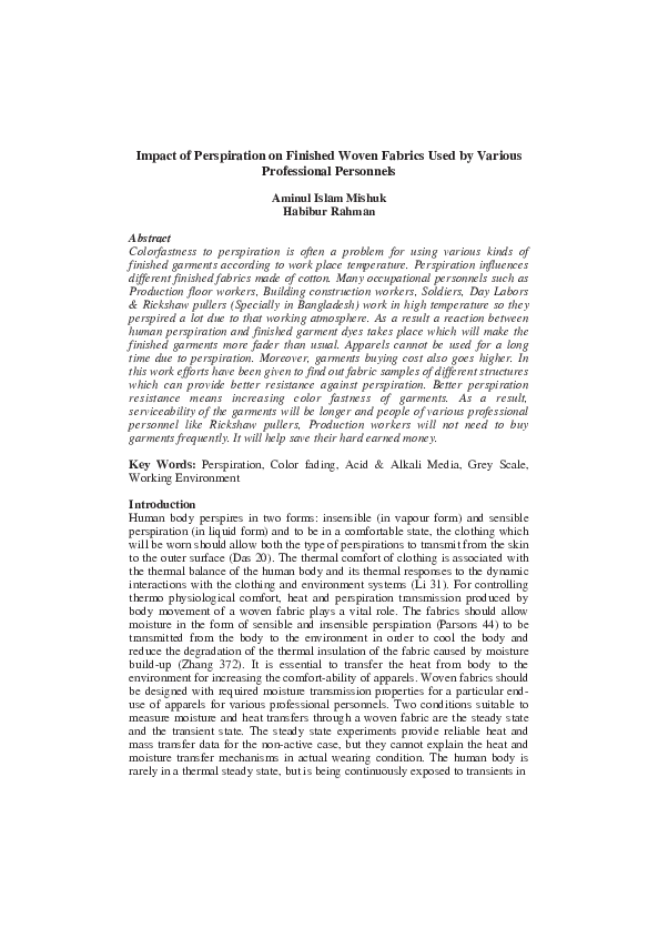 (PDF) Impact of Perspiration on Finished Woven Fabrics Used by Various ...