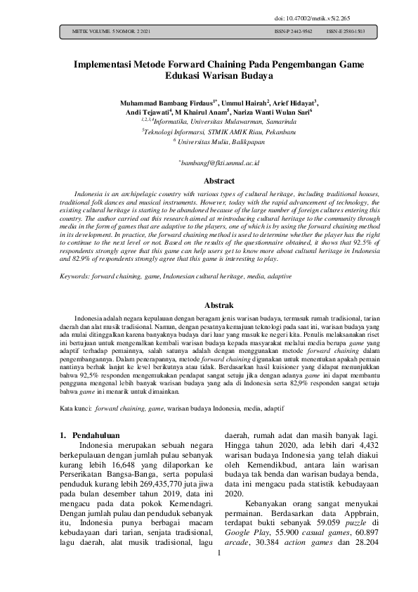 (PDF) Implementasi Metode Forward Chaining Pada Pengembangan Game Edukasi Warisan Budaya