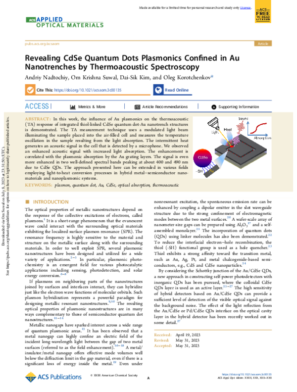 (PDF) Revealing CdSe Quantum Dots Plasmonics Confined in Au Nanotrenches by Thermoacoustic ...