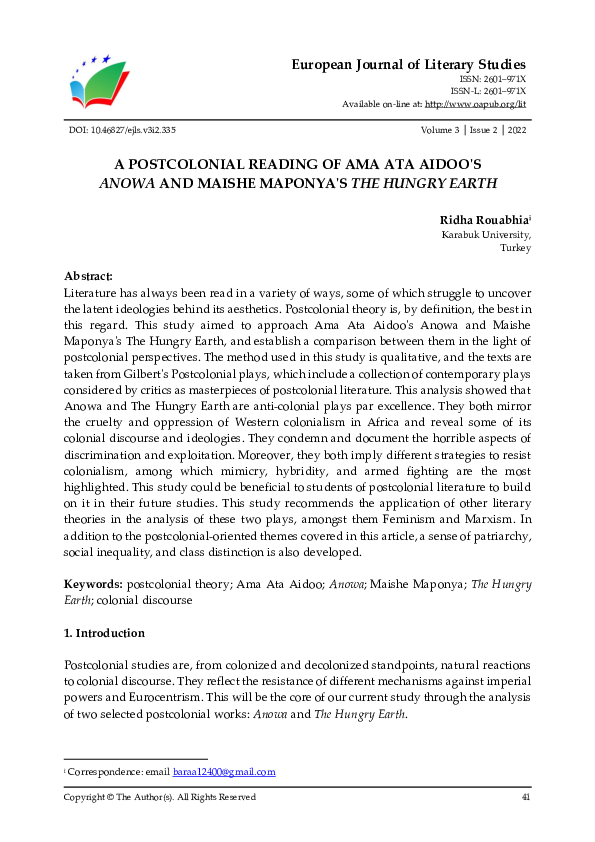 (PDF) A Postcolonial Reading of Ama Ata Aidoo's Anowa and Maishe ...