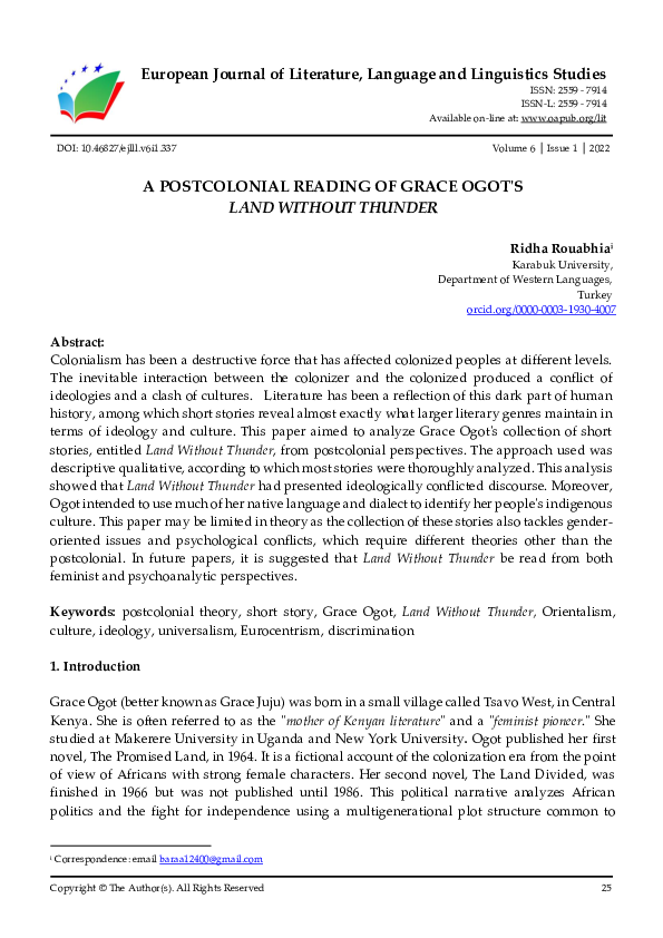 (PDF) A Postcolonial Reading of Grace Ogot's Land Without Thunder