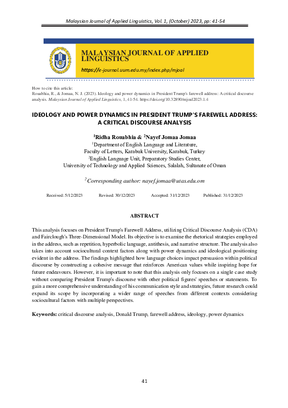 (PDF) Ideology and Power Dynamics in President Trump's Farewell Address: A Critical Discourse ...