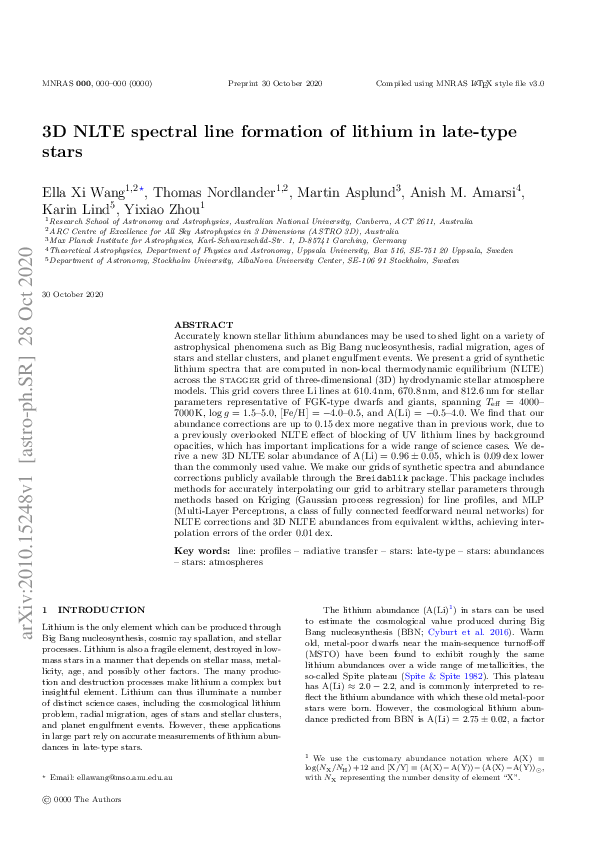 (PDF) 3D NLTE spectral line formation of lithium in late-type stars