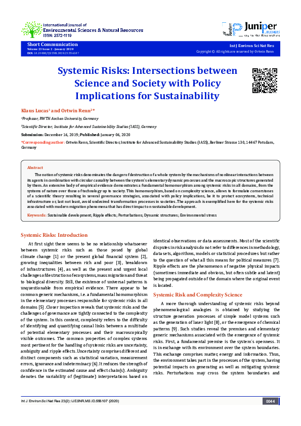 (PDF) Systemic Risks: Intersections between Science and Society with ...