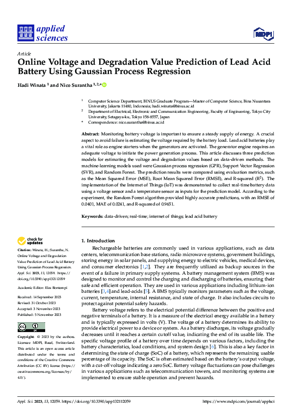 (PDF) Online Voltage and Degradation Value Prediction of Lead Acid Battery Using Gaussian ...