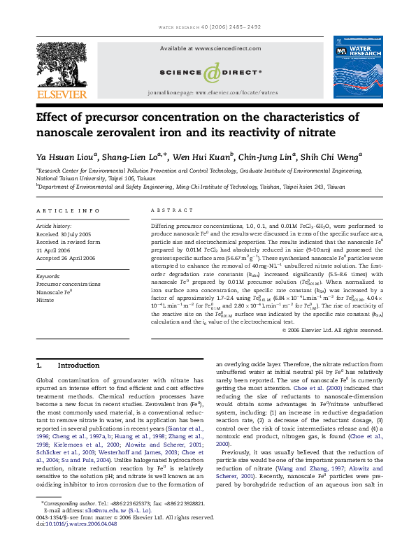 (PDF) Effect of precursor concentration on the characteristics of nanoscale zerovalent iron and ...