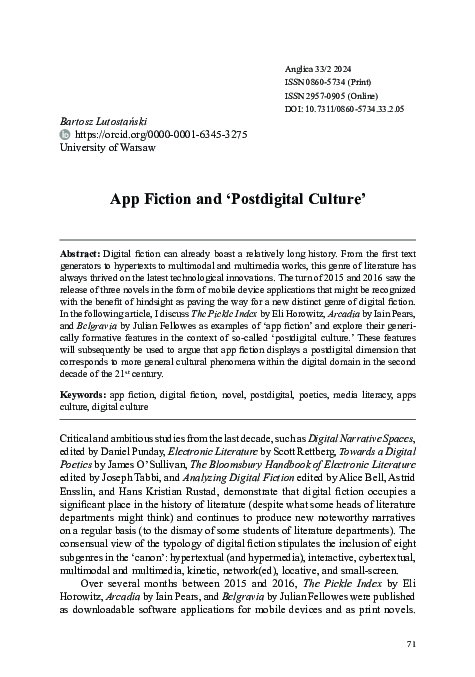 (PDF) App Fiction and 'Postdigital Culture'