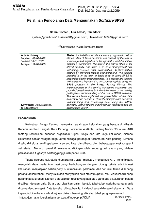 (PDF) Pelatihan Pengolahan Data Menggunakan Software SPSS di Kantor Lurah Bungo Pasang Kec. Koto ...