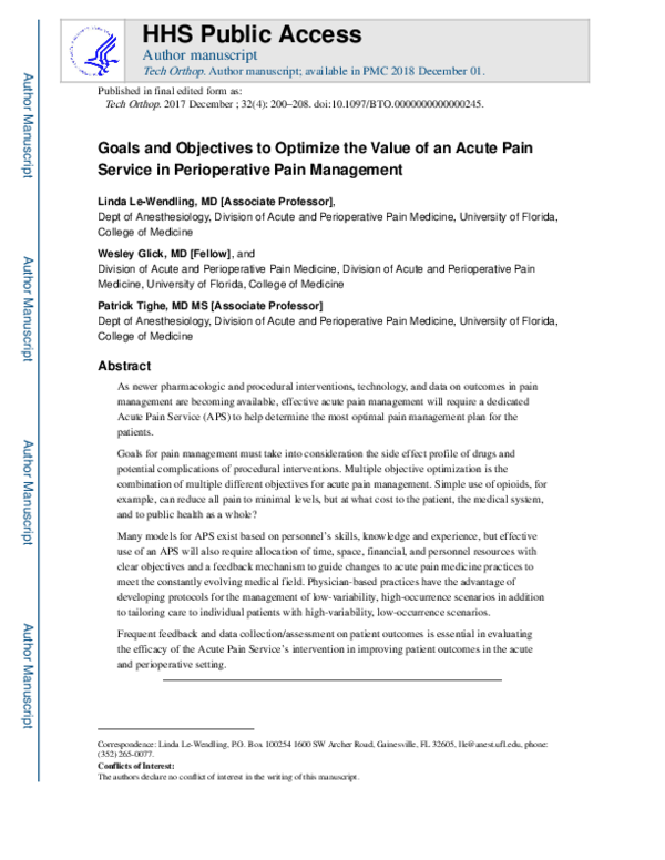 (PDF) Goals and Objectives to Optimize the Value of an Acute Pain ...