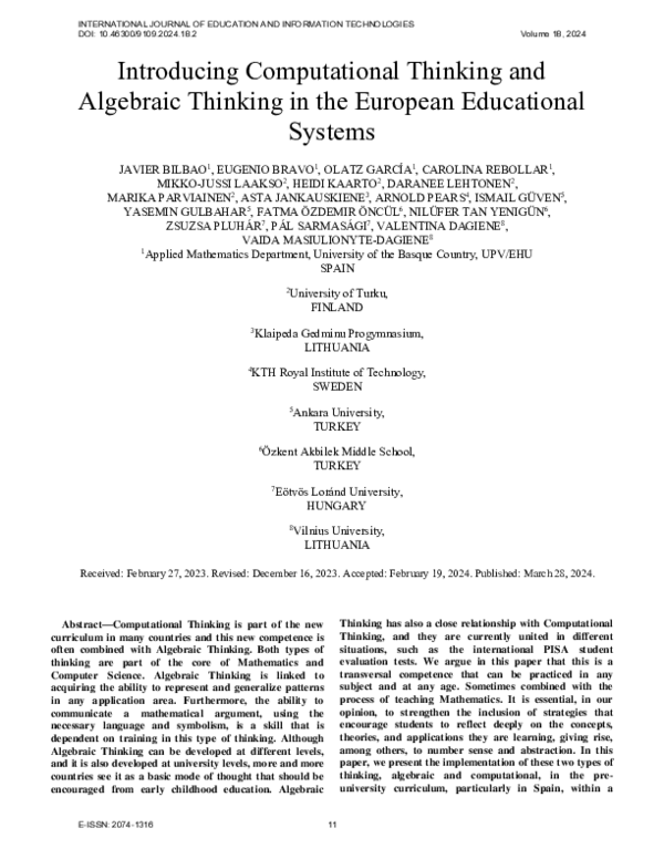 (PDF) Introducing Computational Thinking and Algebraic Thinking in the European Educational Systems