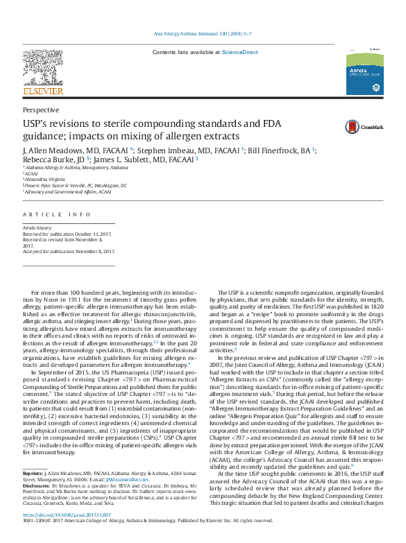 (PDF) USP's revisions to sterile compounding standards and FDA guidance ...