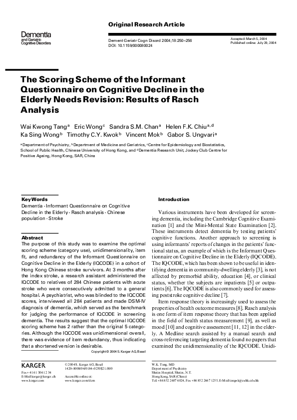 Pdf The Scoring Scheme Of The Informant Questionnaire On Cognitive Decline In The Elderly