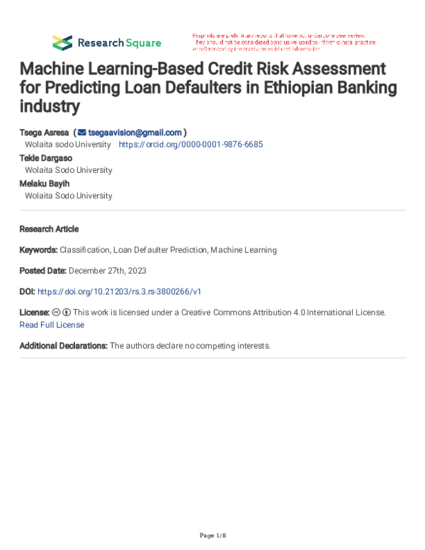 Pdf Machine Learning Based Credit Risk Assessment For Predicting Loan Defaulters In Ethiopian