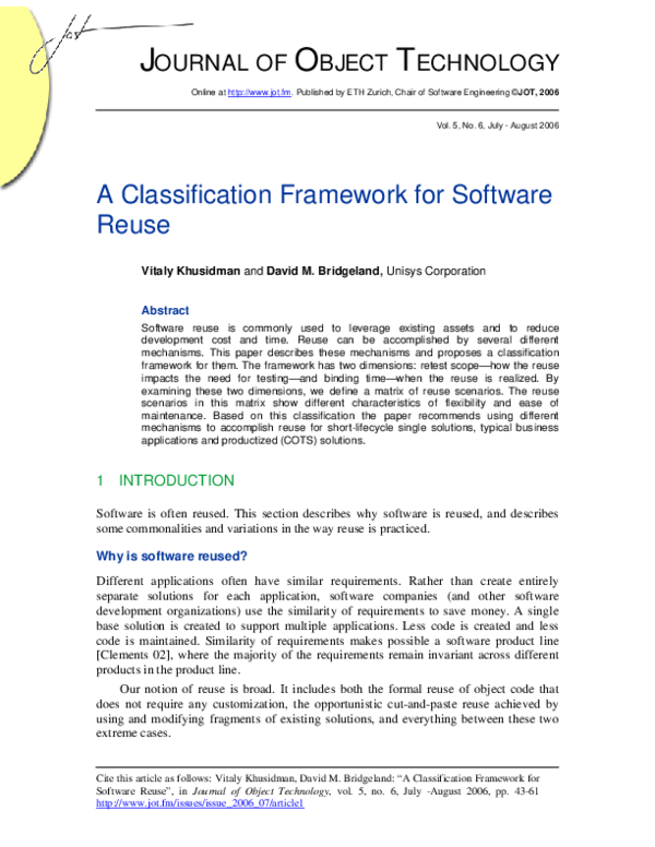 (PDF) A Classification Framework for Software Reuse