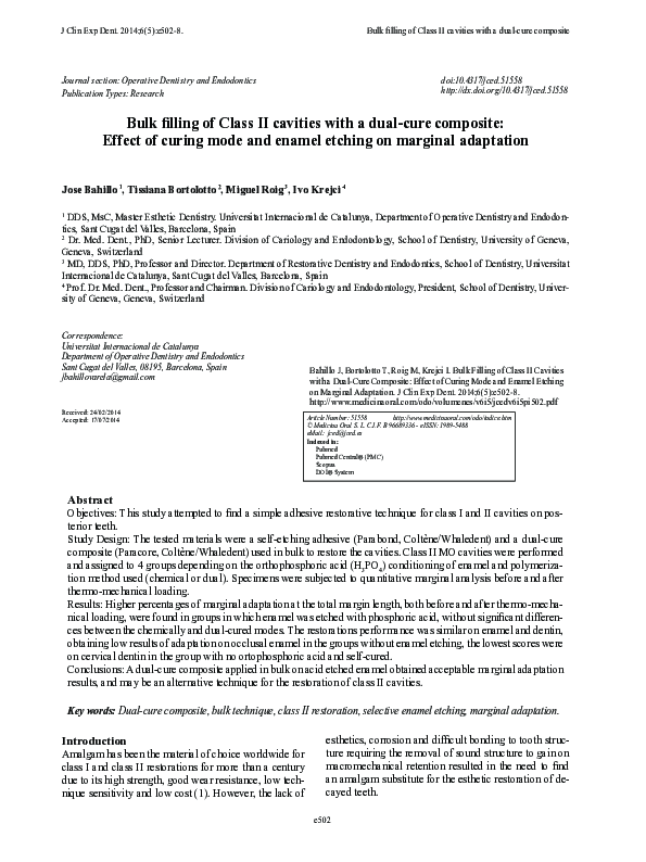Pdf Bulk Filling Of Class Ii Cavities With A Dual Cure Composite Effect Of Curing Mode And