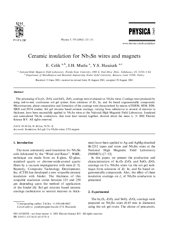 (PDF) Ceramic insulation for Nb3Sn wires and magnets