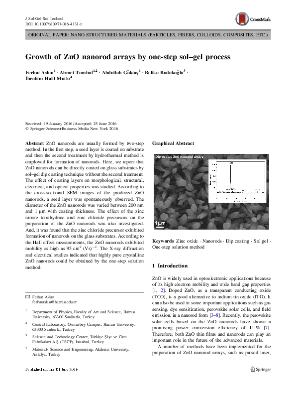 (PDF) Growth of ZnO nanorod arrays by one-step sol–gel process