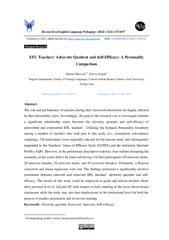 (PDF) EFL Teachers' Adversity Quotient and Self-Efficacy: A Personality Comparison