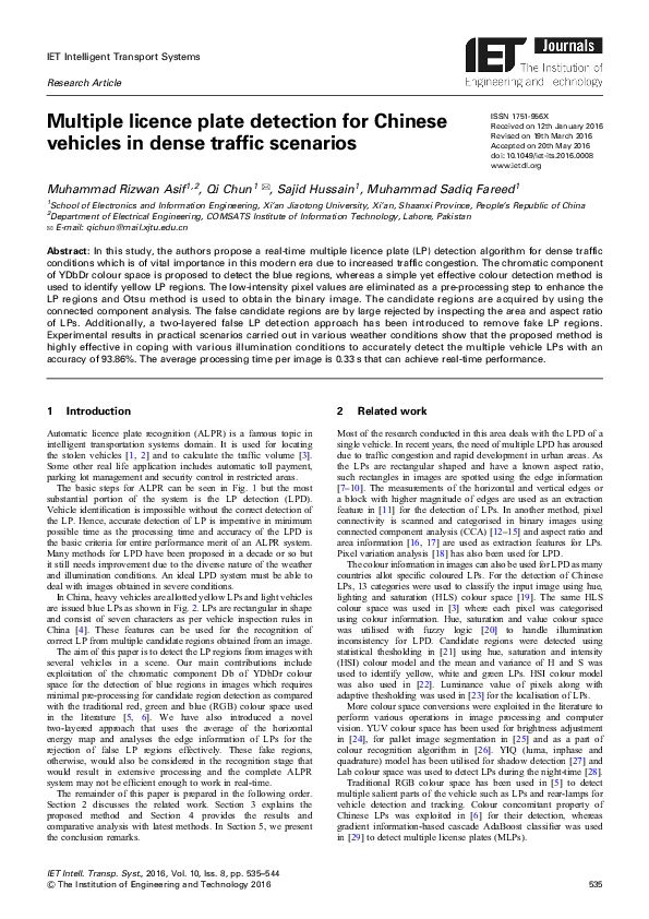 (PDF) Multiple licence plate detection for Chinese vehicles in dense ...