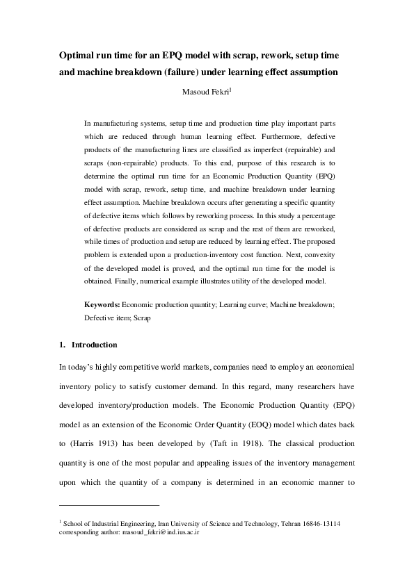 (PDF) Optimal run time for an EPQ model with scrap, rework, setup time and machine breakdown ...
