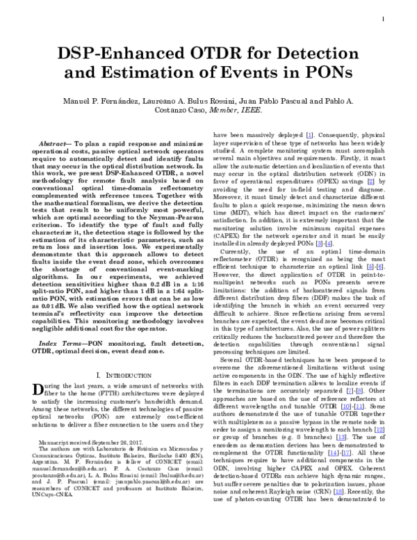 (PDF) DSP-Enhanced OTDR for Detection and Estimation of Events in PONs