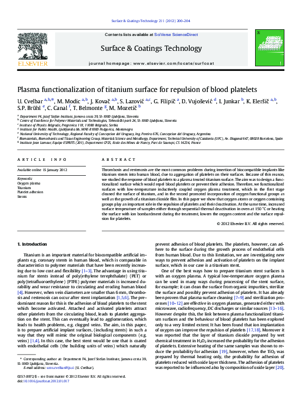(PDF) Plasma functionalization of titanium surface for repulsion of ...