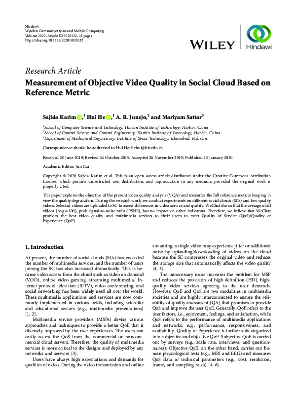 (PDF) Measurement of Objective Video Quality in Social Cloud Based on Reference Metric | sajida ...