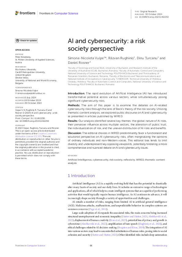 (PDF) AI and cybersecurity: a risk society perspective