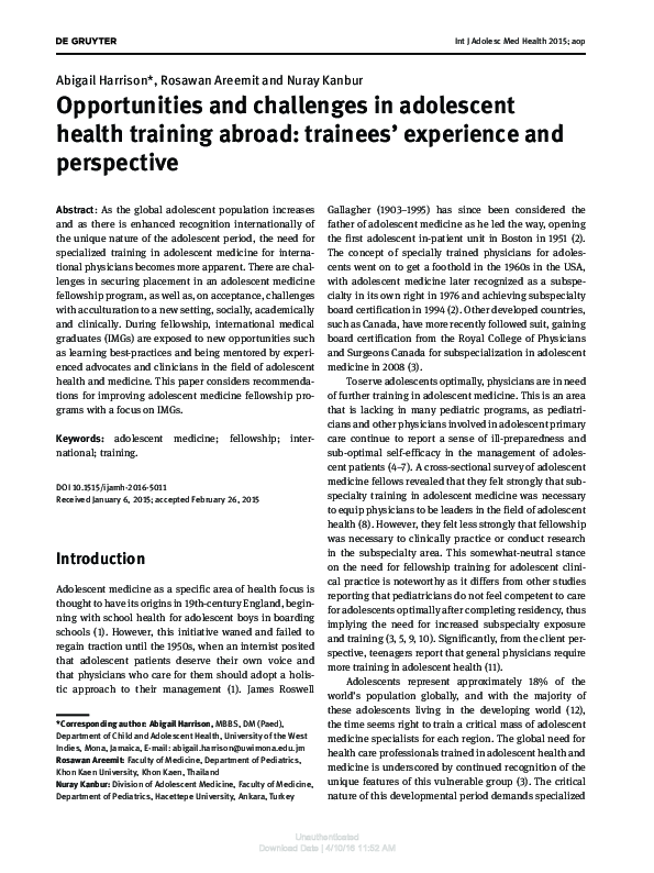 (PDF) Opportunities and challenges in adolescent health training abroad ...