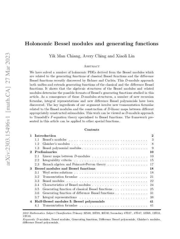 (PDF) Holonomic Bessel modules and generating functions