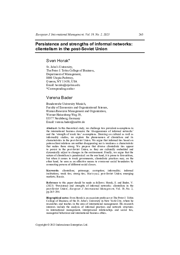 (PDF) Persistence and Strength of Informal Networks – Clientelism in ...