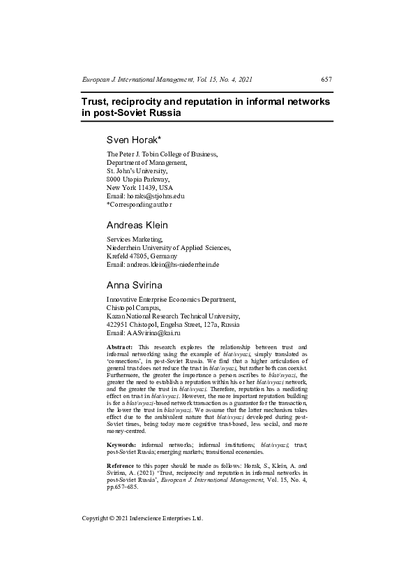 (PDF) Trust, Reciprocity and Reputation in Informal Networks in post-Soviet Russia