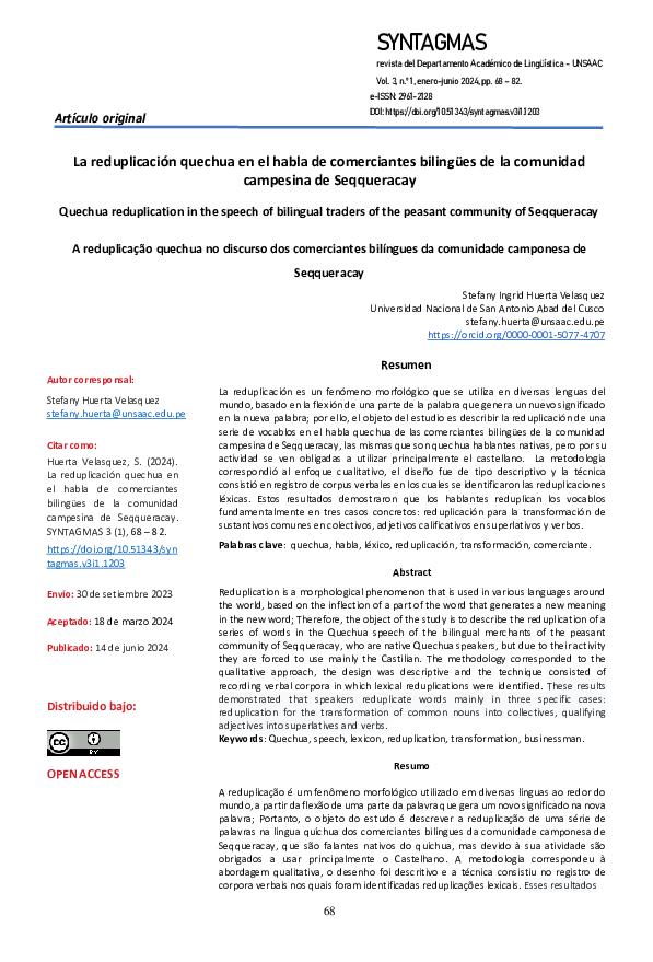 (PDF) La reduplicación quechua en el habla de comerciantes bilingües de ...