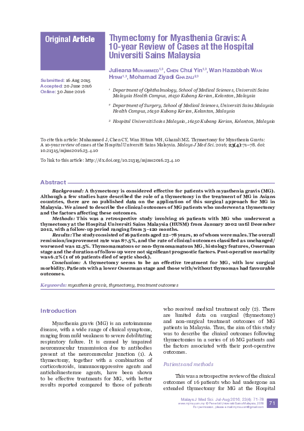 (PDF) Thymectomy for Myasthenia Gravis: A 10-year Review of Cases at the Hospital Universiti ...