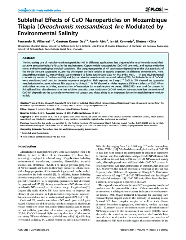 (PDF) Sublethal Effects of CuO Nanoparticles on Mozambique Tilapia (Oreochromis mossambicus) Are ...