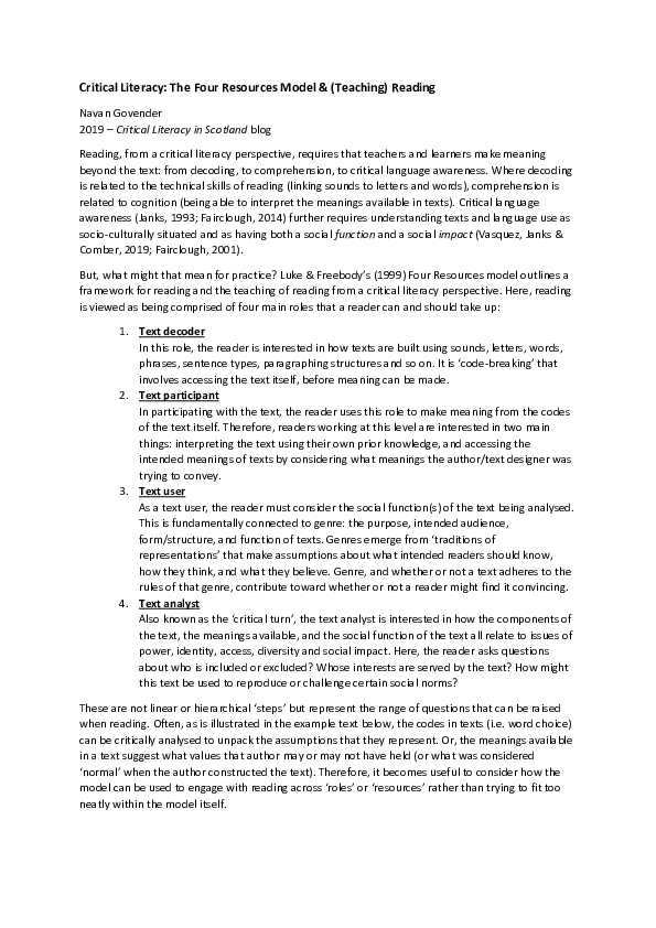 (PDF) Critical literacy : the Four Resources model & (teaching) reading