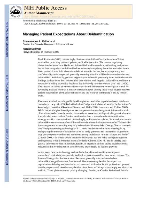 (PDF) Managing Patient Expectations About Deidentification