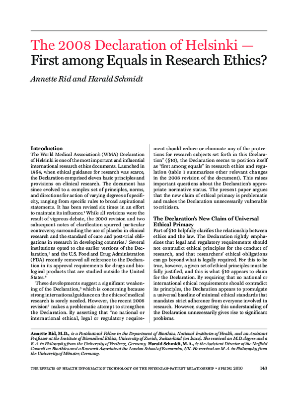 (PDF) The 2008 Declaration of Helsinki — First among Equals in Research ...