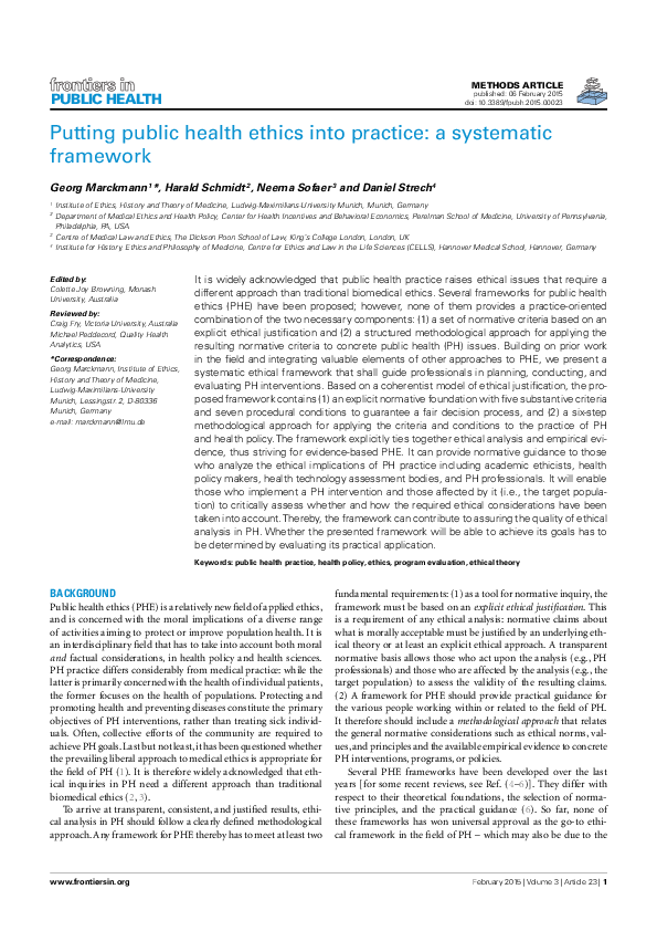 (PDF) Putting Public Health Ethics into Practice: A Systematic Framework