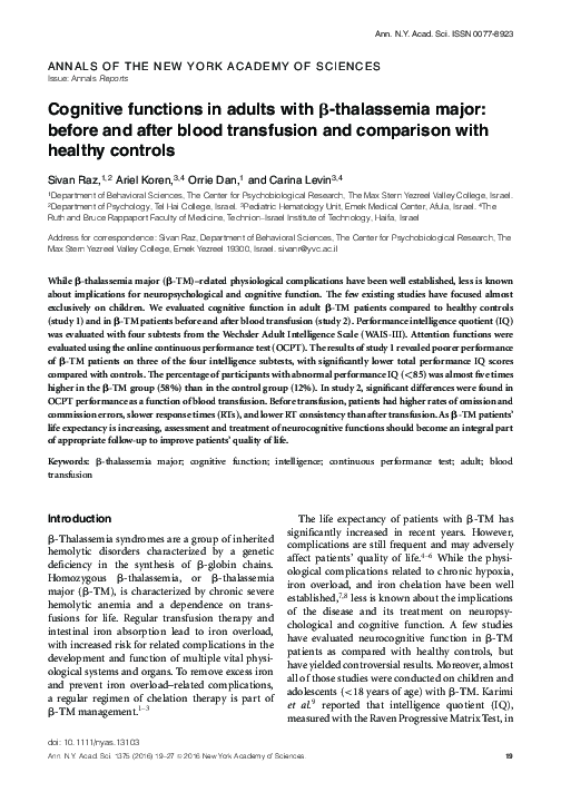 (PDF) Cognitive functions in adults with β-thalassemia major: before ...