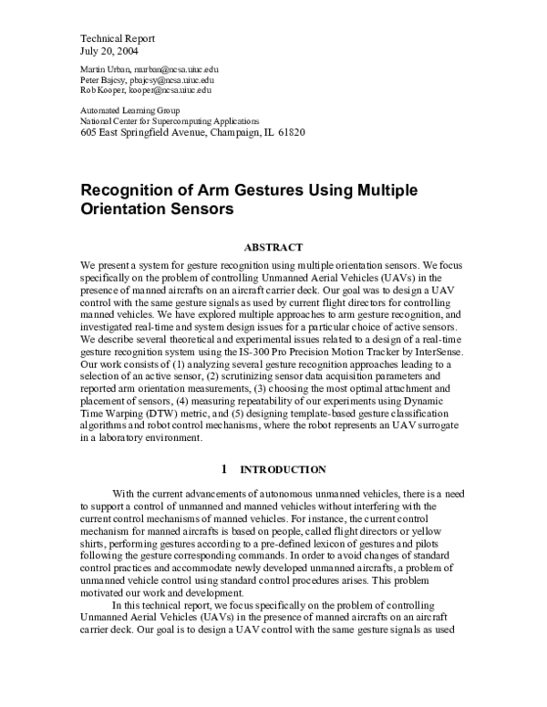 Pdf Recognition Of Arm Gestures Using Multiple Orientation Sensors