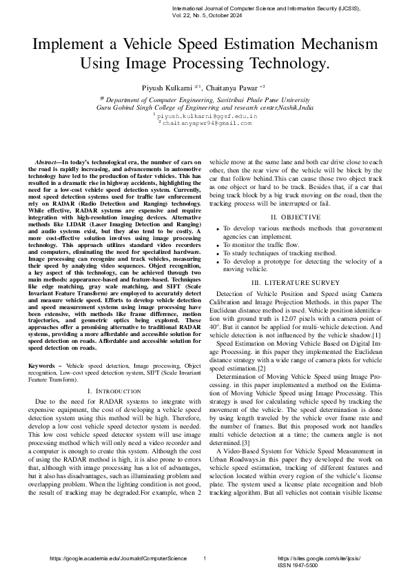 (PDF) Implement a Vehicle Speed Estimation Mechanism Using Image Processing Technology