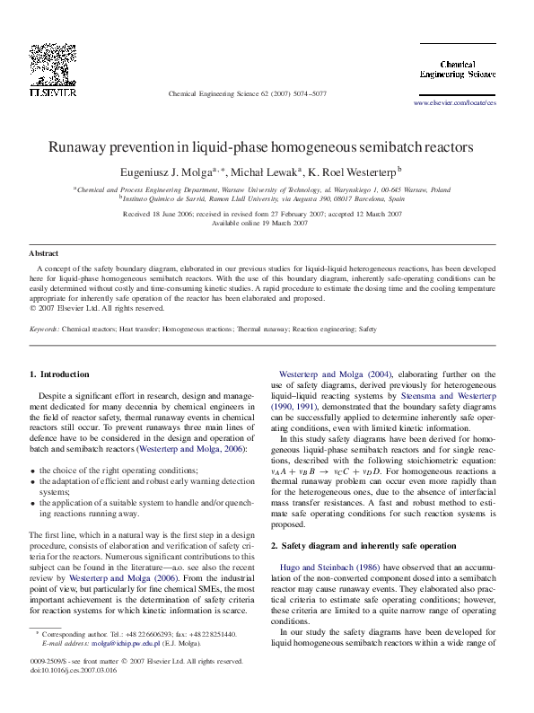 (PDF) Runaway prevention in liquid-phase homogeneous semibatch reactors