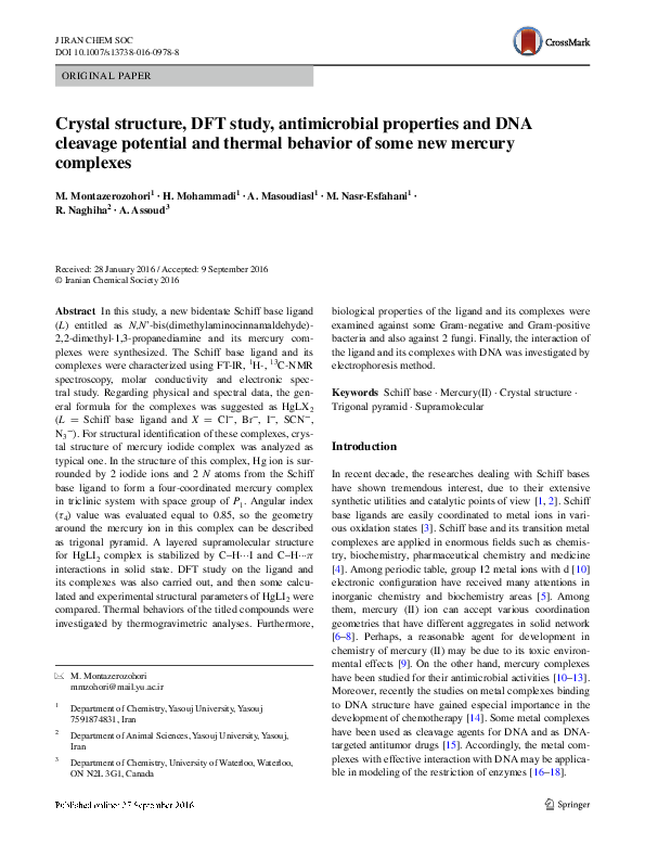(PDF) Crystal structure, DFT study, antimicrobial properties and DNA cleavage potential and ...