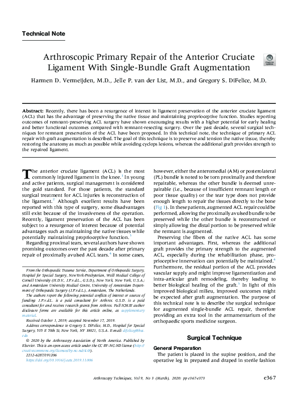 (PDF) Arthroscopic Primary Repair of the Anterior Cruciate Ligament With Single-Bundle Graft ...