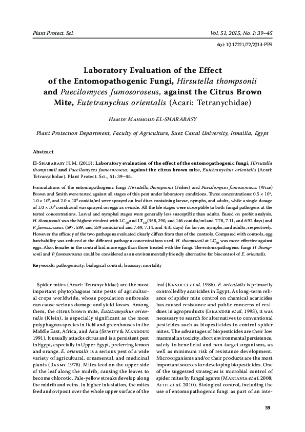 (PDF) Laboratory evaluation of the effect of the entomopathogenic fungi, Hirsutella thompsonii ...