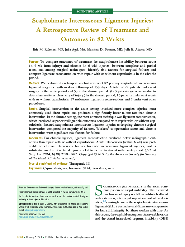 (PDF) Scapholunate Interosseous Ligament Injuries: A Retrospective ...