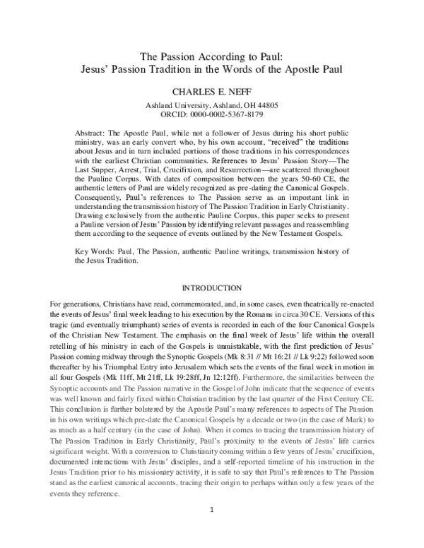 (PDF) The Passion According to Paul: Jesus' Passion Tradition in the ...