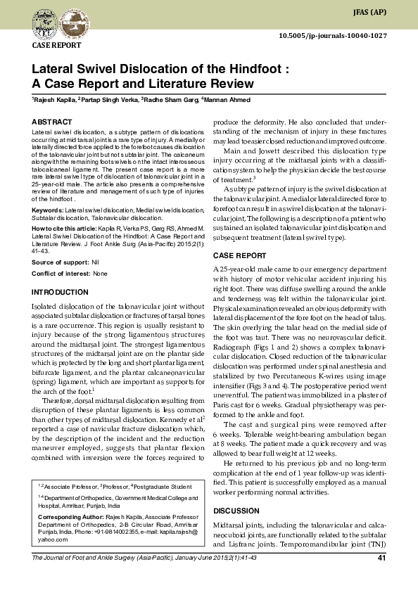 (PDF) Lateral Swivel Dislocation of the Hindfoot : A Case Report and ...
